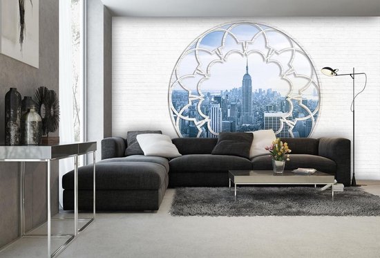 Fotobehang - Vlies Behang - New York Stad door Rond Raam 3D - 208 x 146 ...