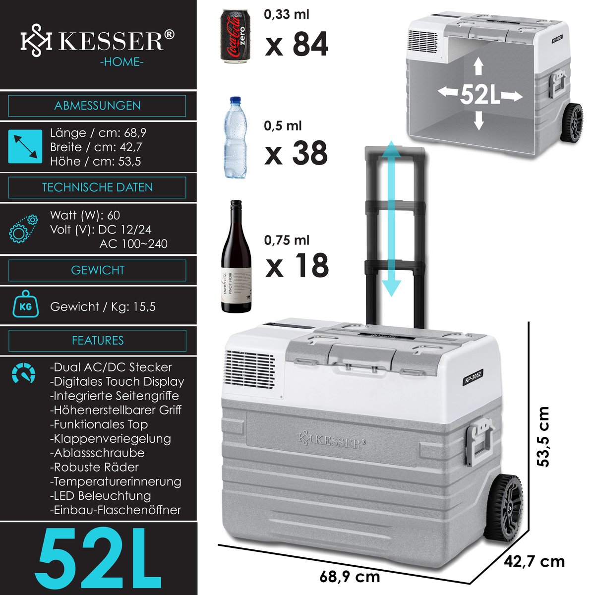 KESSER® Compressor Koelbox Elektrische Vriezer, met APP-bediening USB-aansluiting... | bol.com