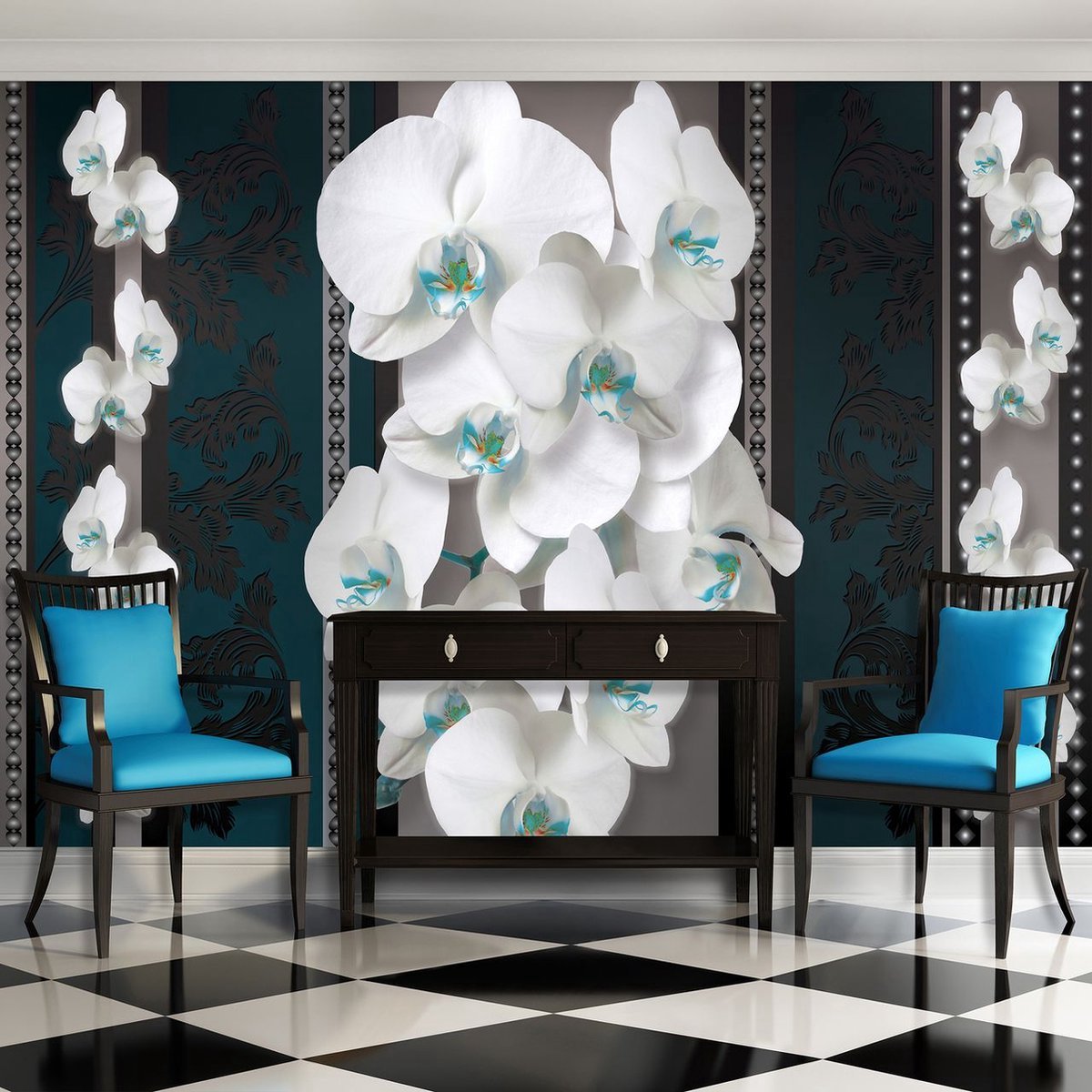 Fotobehang - Vlies Behang - Kunst met Bloemen - Turquoise - 312 x 219 ...