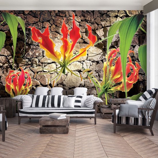 Fotobehang - Vlies Behang - Rode Bloemen op de Stenen - 416 x 254 cm | bol