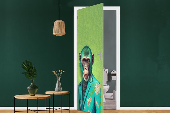 Deursticker Aap - Colbert - Bloemen - Neon - Portret - 95x235 cm - Deurposter | bol
