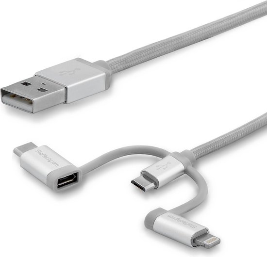 StarTech.com 2 m USB 3-in-1 multi oplaad kabel - Lightning USB-C Micro ...