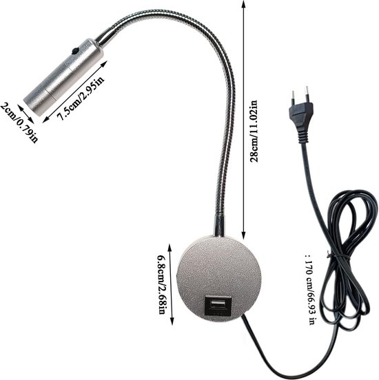 Wandlamp voor Lezen in Bed met Touch Schakelaar en USB-Aansluiting ...