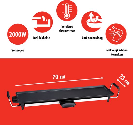 Alpina Teppanyaki Grill - Bakplaat XL - 70 x 23 cm - 2000W | bol