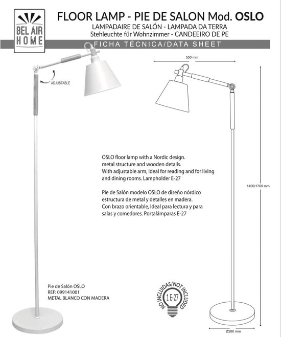 Vloerlamp OSLO - draaibaar - ideaal als leeslamp - 1 stuk - wit - hout ...