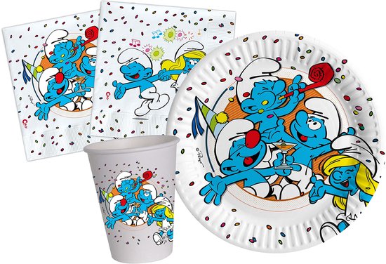 Party Tableware Set Smurfs for 24 people (88 pcs: 24 plates Ø18cm, 24 ...