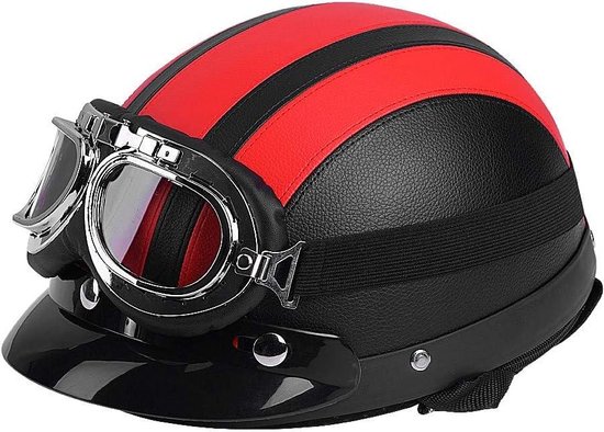 Halfopen lederen helm met UV-vizierbril - Rood Universele scooter ...