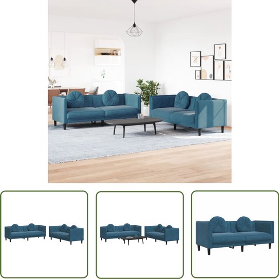 vidaXL 2-delige Loungeset - Fluweel Blauw - Inclusief Kussens Lounge ...