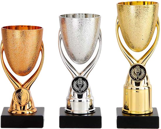 Luxe trofee/prijs bekers - set van 3x - brons/goud/zilver - metaal - 15 ...
