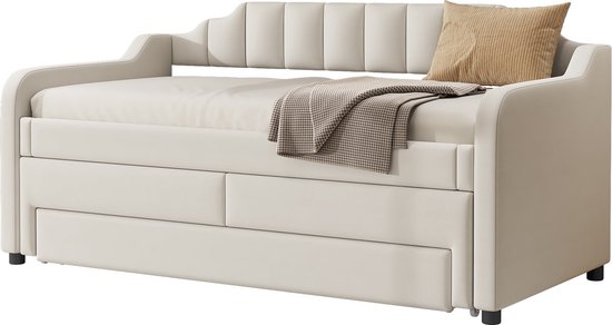 Merax 90x200 cm Eenpersoonsbed met Uittrekbed en Opberglade - Beige ...