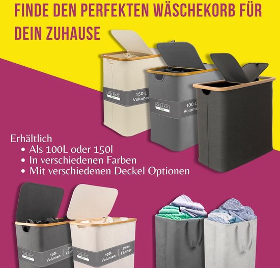 Donker Wasmand 2 vakken met deksel 150 liter bamboe-stof groot XXL ...