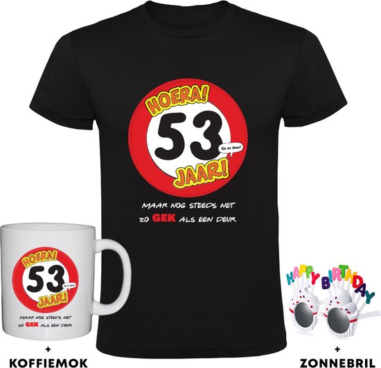 Hoera 53 jaar Heren T-shirt + Koffiemok + Happy birthday bril - 53e ...
