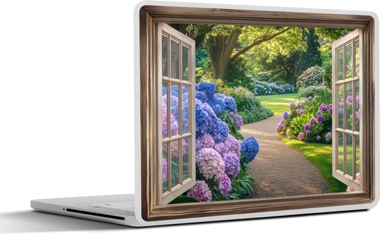 Laptop sticker - 14 inch - Doorkijk - Tuin - Raam - Hortensia - Bloemen ...