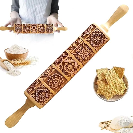 Houten deegroller met 3D embossing - ideaal voor fondant en koekjes ...