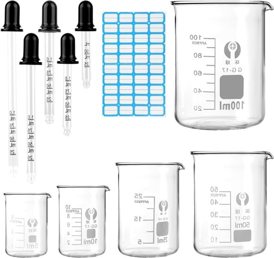 Maatbekers Klein - 5 stuks (100 ml, 50 ml, 25 ml, 10 ml, 5 ml) Borosilicaatglas met... | bol