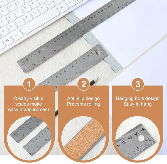 Metalen Liniaal Set - Rvs Linialen Imperial Metrisch - Antislip Kurk ...