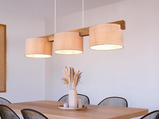 Hanglamp 3-vlammen met houten balk en beige lampenkappen - 100 cm breed ...