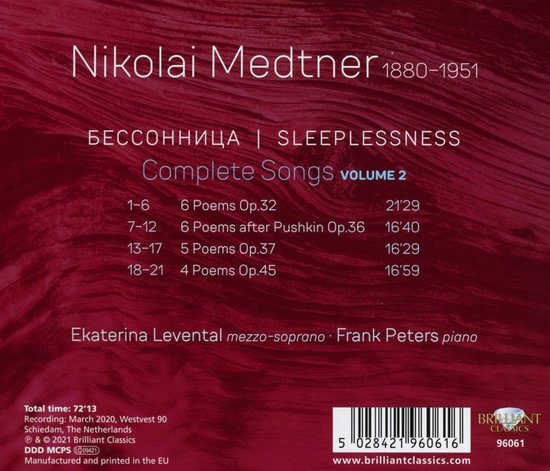 Ekaterina Levental - Medtner: Sleeplessness, Complete Songs, Vol.2 (CD ...