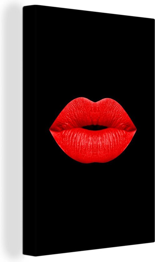 Canvas Schilderij Lippen - Rood - Zwart - 60x90 cm - Wanddecoratie | bol