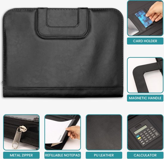 Kurtzy Black PU Leather Business Portfolio Folder - A4 Zipper ...