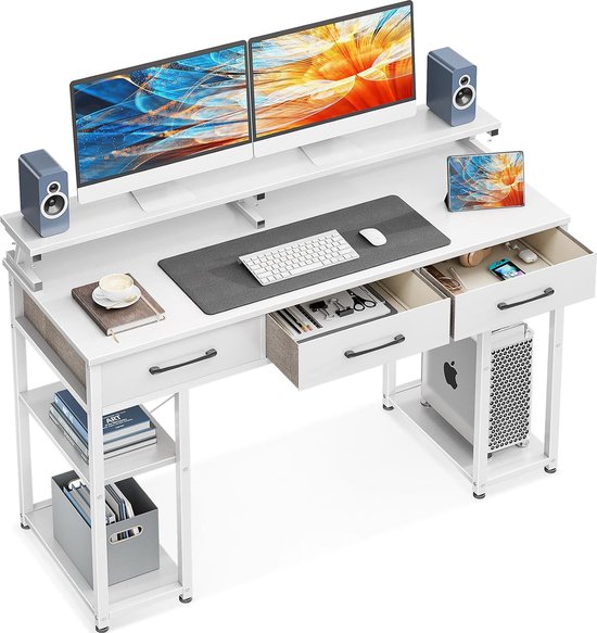 Bureau, wit, bureau met 3 laden, computertafel met plank, 120 x 50 x 90 ...