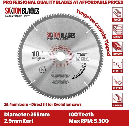 Saxton TCT Cirkelzaagblad 255mm x 100 T x 25.4mm Boring - Aluminium Laminaat Hardhout... | bol