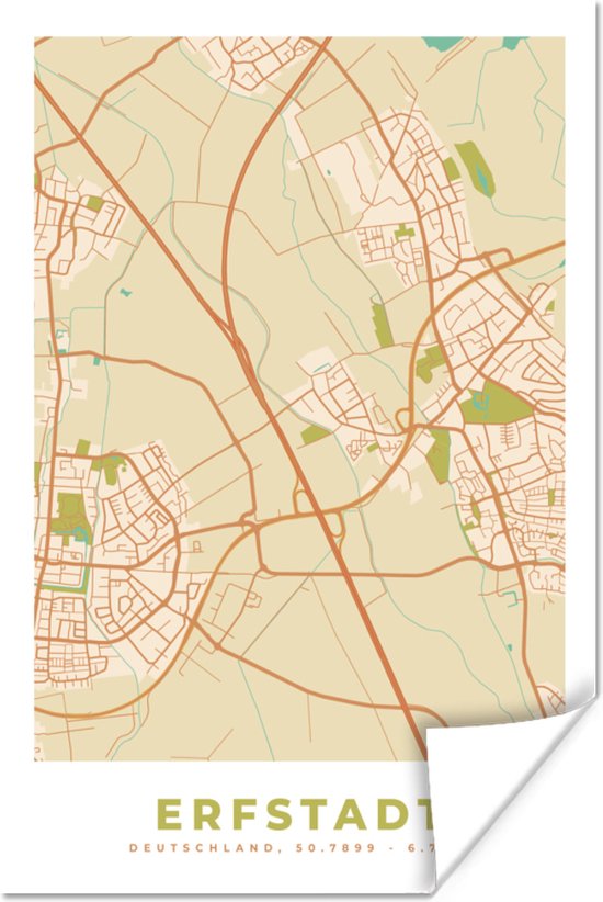 Poster Erfstadt - Kaart - Stadskaart - Vintage - Plattegrond - 40x60 cm ...