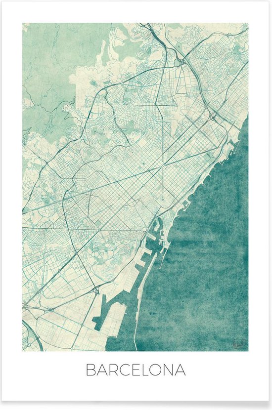 JUNIQE - Poster Barcelona - vintage stadskaart -60x90 /Blauw & Groen ...