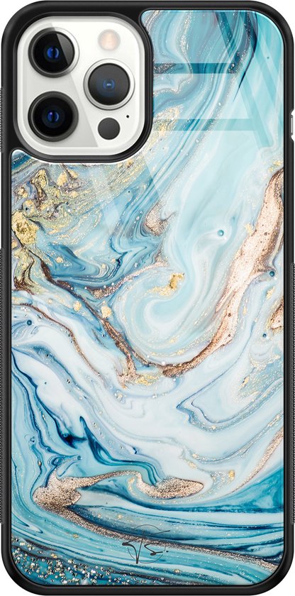 Hoesje geschikt voor iPhone 12 Pro Max - Marmer blauw goud - Luxe Hard ...