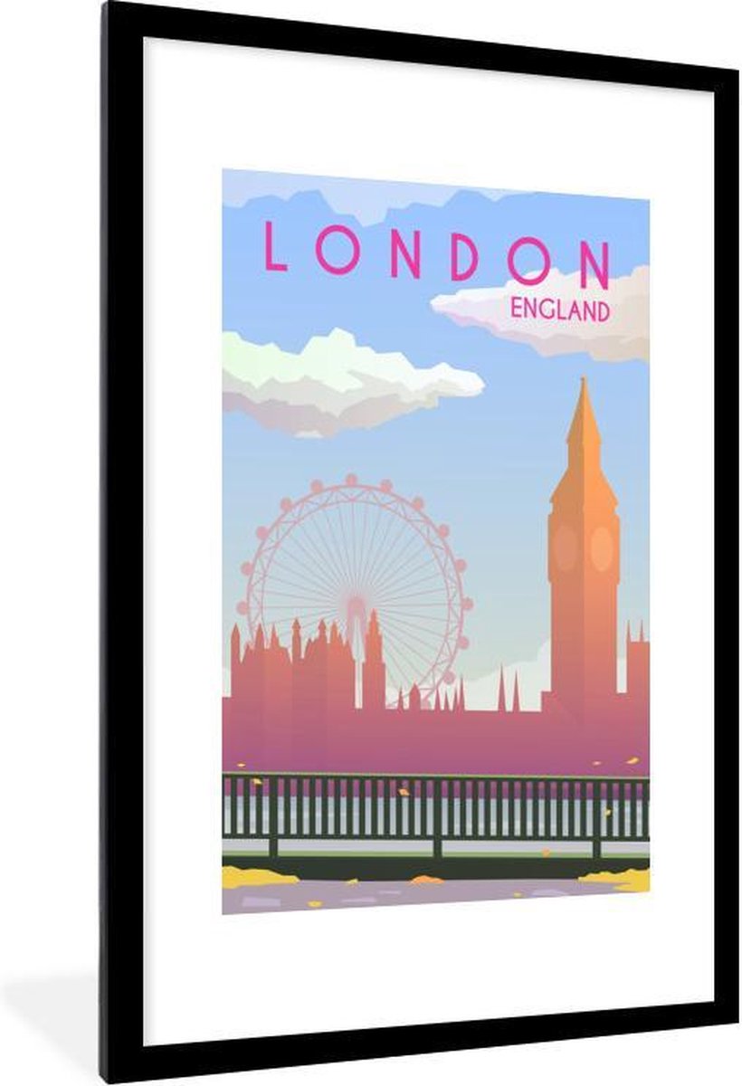 Fotolijst incl. Poster - tekening van de skyline van Londen, Engeland ...
