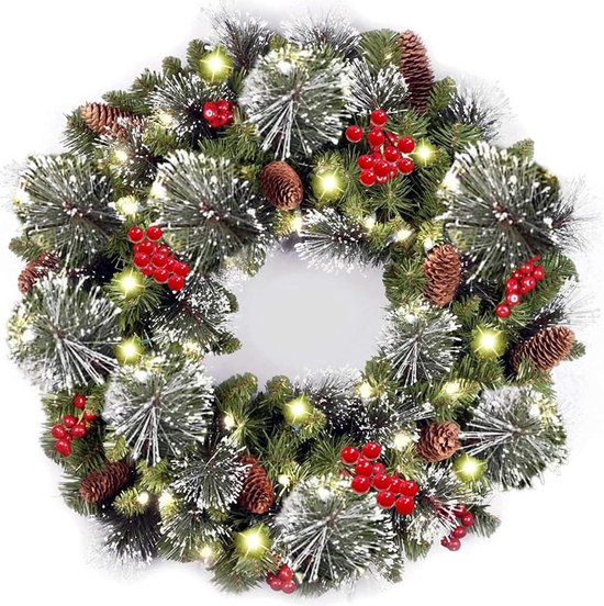 40 cm kerstkrans met LED-licht - Kerstdecoratie - Voor binnen en buiten - Groen -... | bol