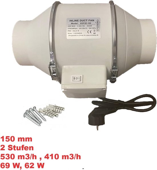 Buisventilator voor Badkamer - 150 mm, 2 Treden, 530 m3/h | bol