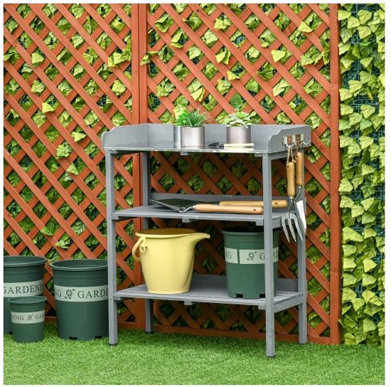 Planttafel Tuintafel Bloemtafel met metalen werkoppervlak tuin hout ...