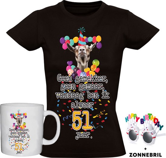 51 Jaar Grappig Dames T-shirt + Mok + Bril - 51e verjaardag - jarig ...