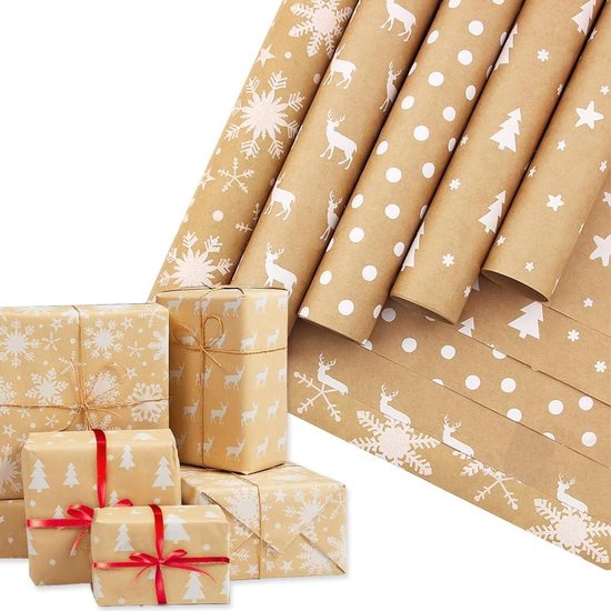 Kerstpapier 42 x 100 CM sneeuwvlokpatroon kraftpapier bruin natuur ...