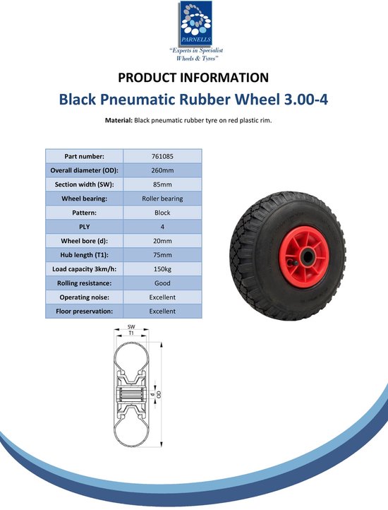 300x4 Pneumatisch pompwiel 260x85mm 4-ply kunststof velg 20mm rollager ...