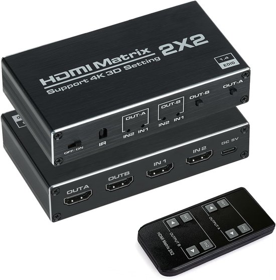 HDMI Matrix 2x2 Switch 4K 60Hz - IR Afstandsbediening - Splitter Box ...