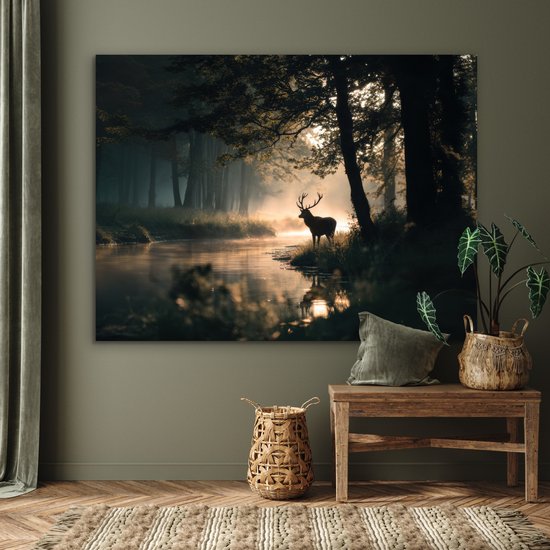 Aluminium schilderij 160x120 cm - Wanddecoratie metaal - Hert - Bosbeek ...