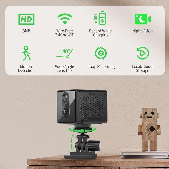 RFWR® Mini WiFi-camera 3 MP HD met bewegingsdetectie en nachtzicht voor ...