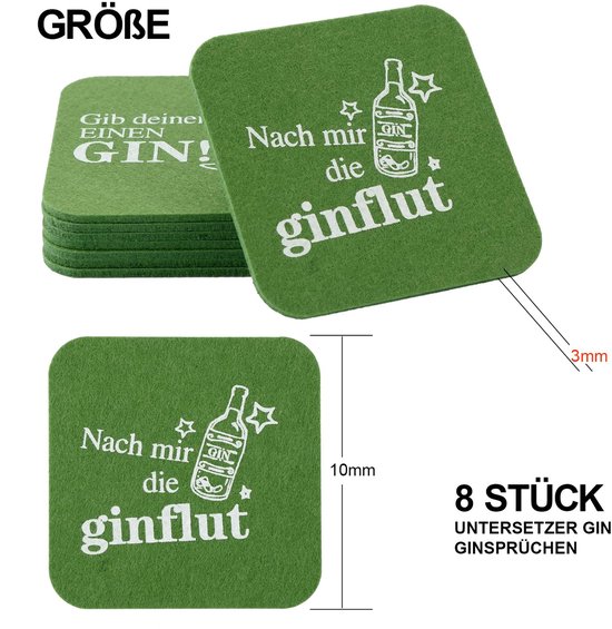 XIAONIU Onderzetters Gin Groen Set van 8 Gin met Gin-spreuken, Glazen ...