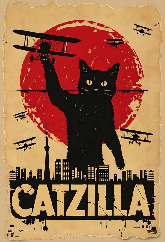 Catzilla – Vintage Monster Cat Poster (A4, glanzende afwerking) | bol