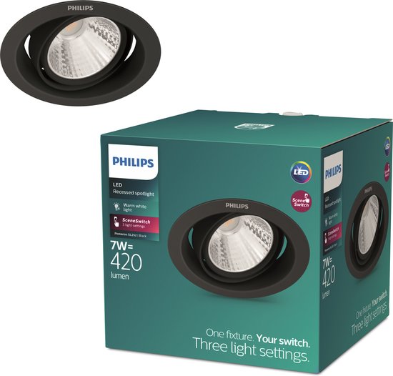 Philips Pomeron Inbouwspot - SceneSwitch - 7W - Warmwit licht - Zwart | bol