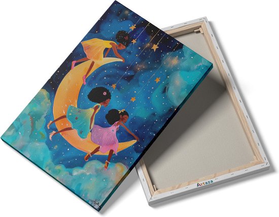 Artaza Canvas Schilderij Drie Meisjes op een Halve Maan - 20x30 cm ...