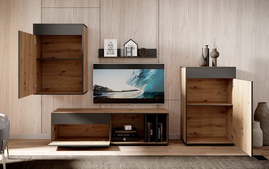 Meubella - Wandmeubel Season - Eiken - Antraciet | bol.com