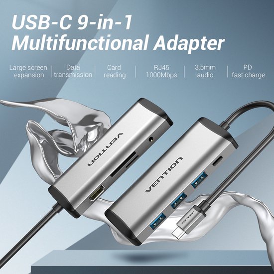 Vention USB C Hub, Docking Station 9 in 1 - USB 3.0, HDMI, TF, SD, RJ45 ...