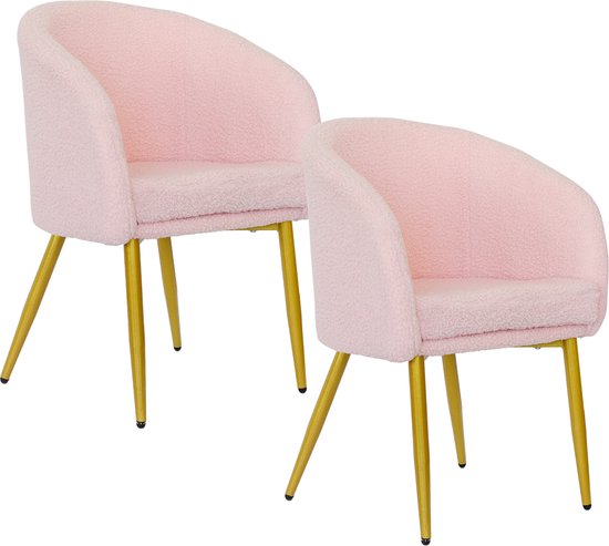 Lina Teddy eetkamerstoel Roze - Set van 2 - Goude metalen poten ...