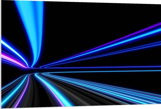 PVC Schuimplaat- Blauwe en Paarse Neon Strepen in Zwarte Omgeving ...