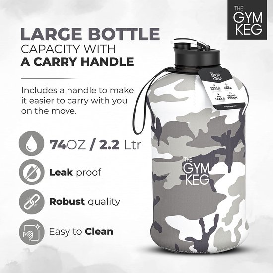 Gym Keg® Sport Waterfles - 2.2L - Met Tas en Handvat - Herbruikbaar ...
