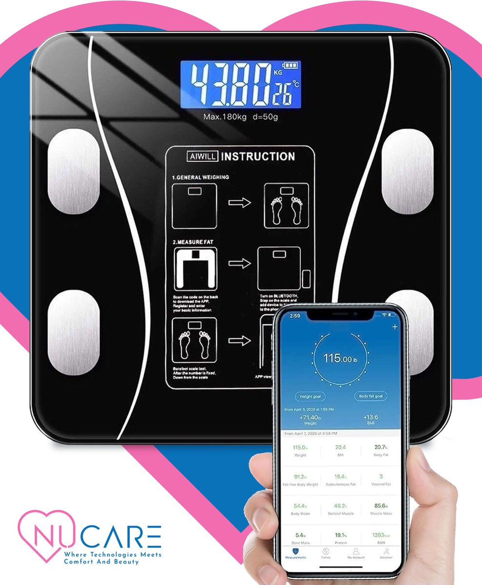 NuCare Personen Weegschaal (Smart) – Analyse van Gewicht – BMI ...