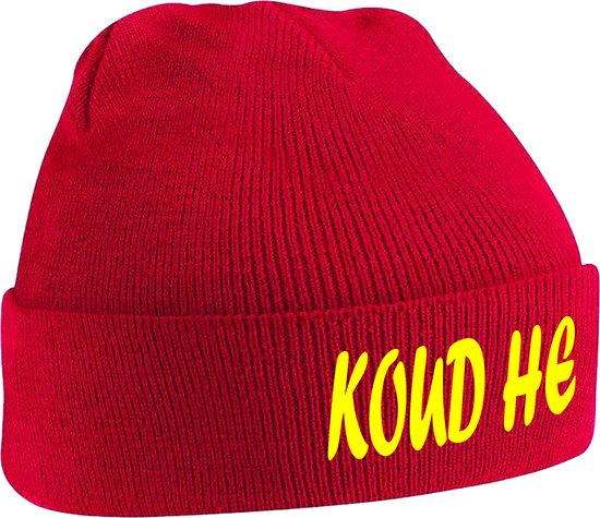 KOUD HE uniseks kinder muts - Rood met gele tekst - Beanie - One Size ...